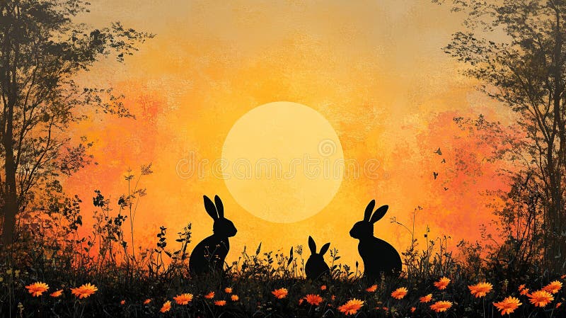 Sunset Silhouettes of Rabbit Family in Meadow Stock Illustration ...