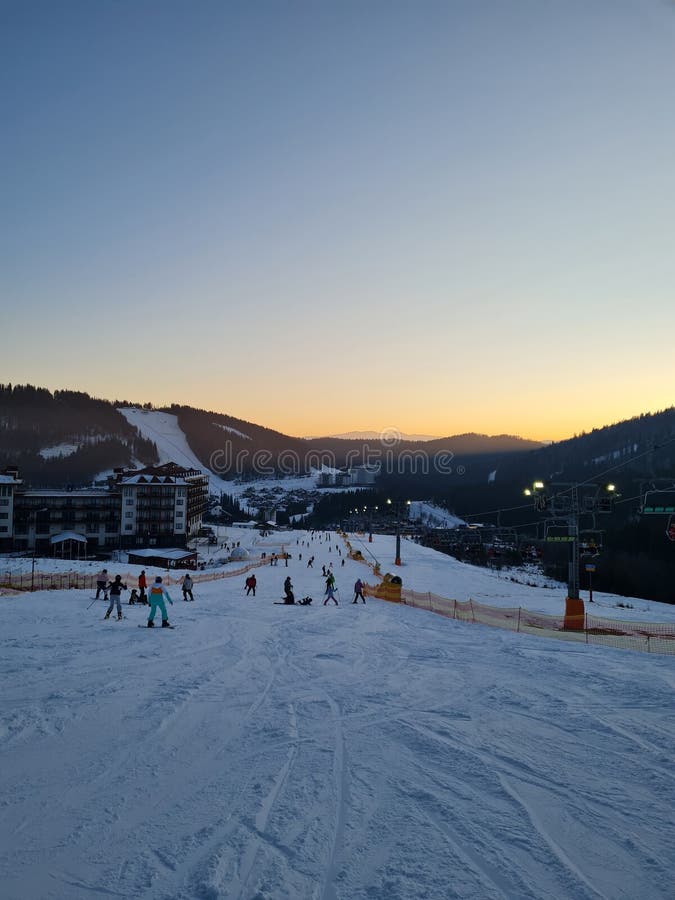 Sunset at the Ski Resort stock image. Image of winter - 374682005