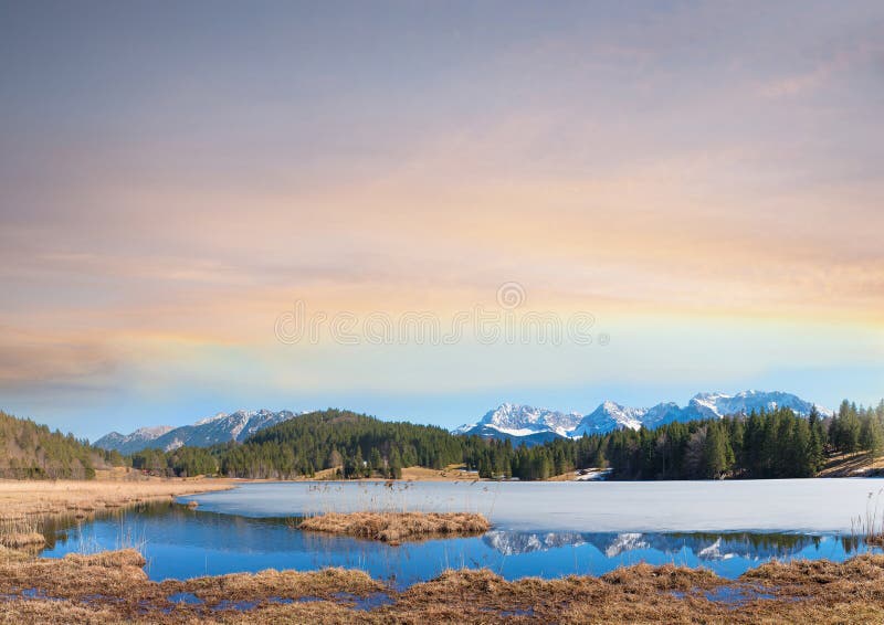 Sunset Sky Background with Idyllic Landscape Geroldsee and Karwendel ...