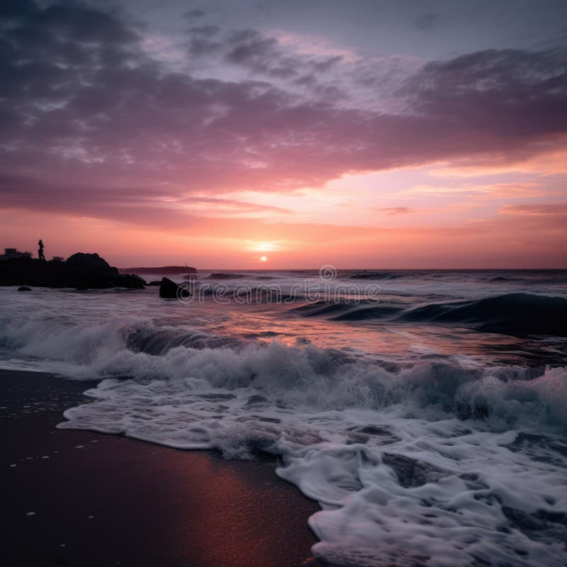 Sunset Sky with Clouds Over Ocean and Rocks, Created Using Generative ...