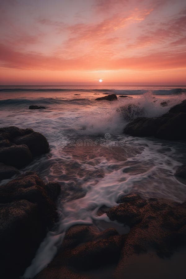 Sunset Sky with Clouds Over Ocean and Rocks, Created Using Generative ...