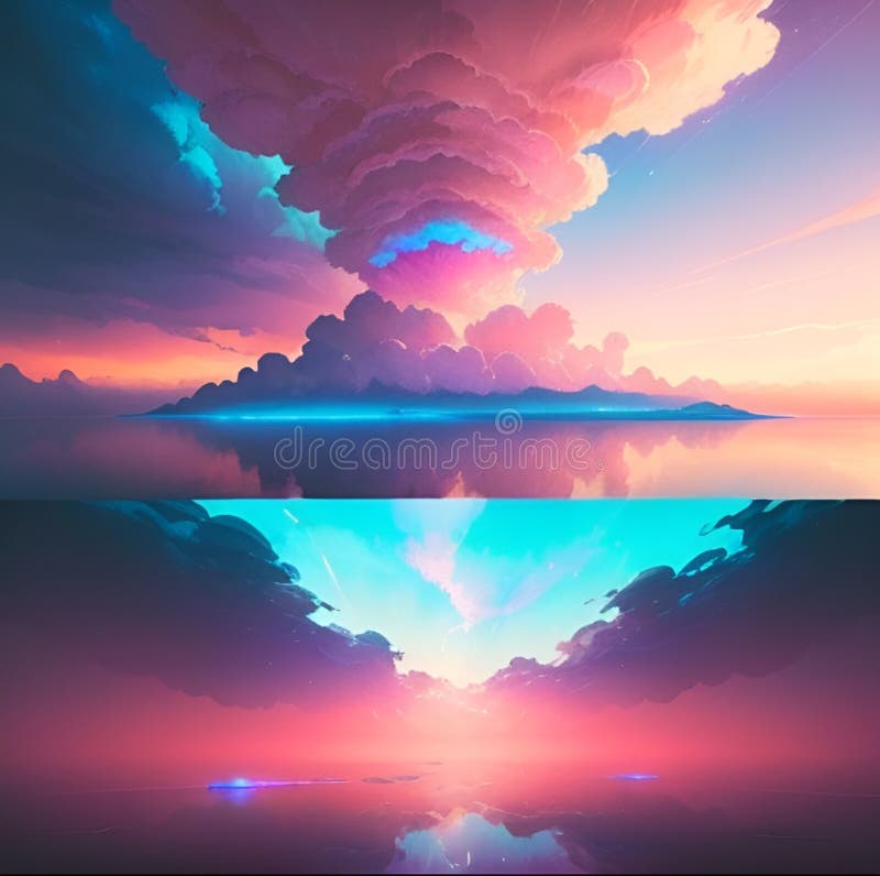 Sunset Sky with Clouds and Water Reflection. Vector Illustration for ...