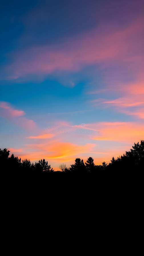 A Sunset Sky with a Dark Forest Outline Stock Illustration ...