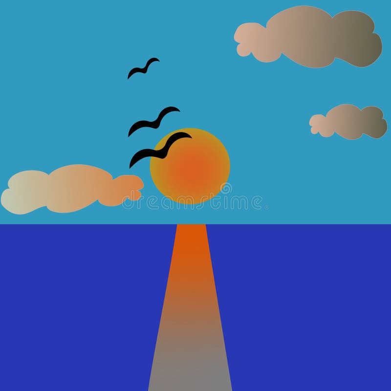 Sunset Sky Illustration. Orange Sunlight Path. Birds Silhouette Flying ...