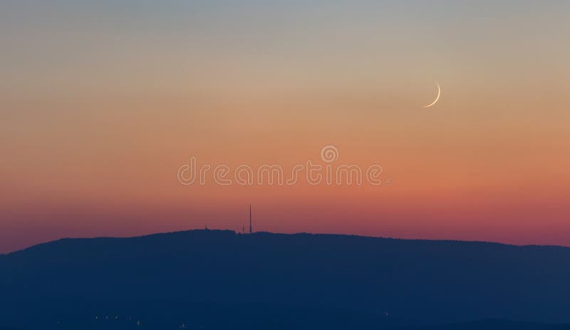 Sunset Sky with Moon and Hill Klet, Czech Landscape Stock Image - Image ...
