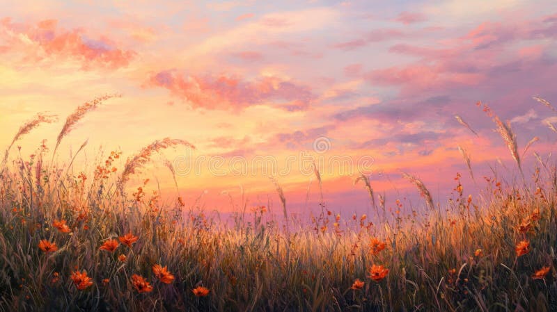 Sunset Sky Over Field of Orange Flowers and Tall Grass Stock ...