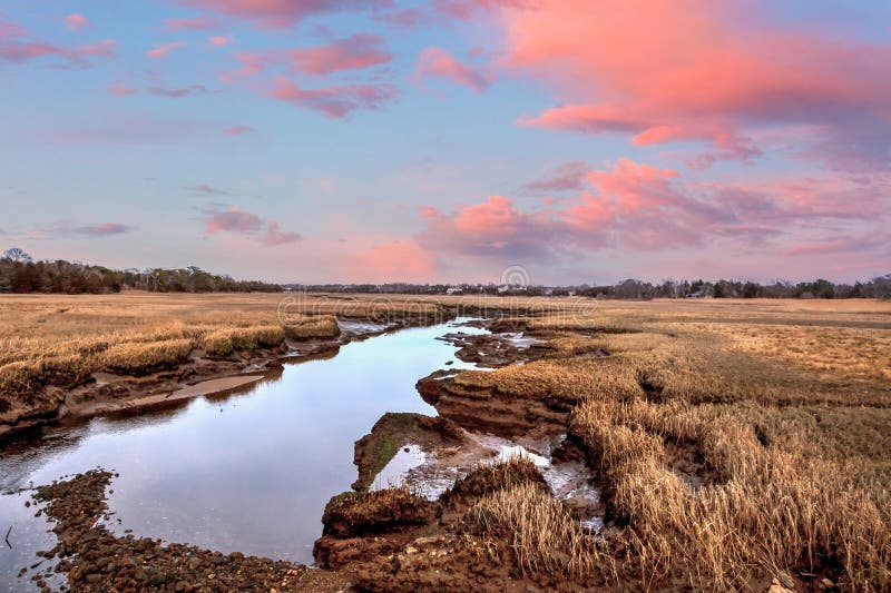 Sunset Sky Over the Marsh and Sesuit Creek in East Dennis in Winter ...