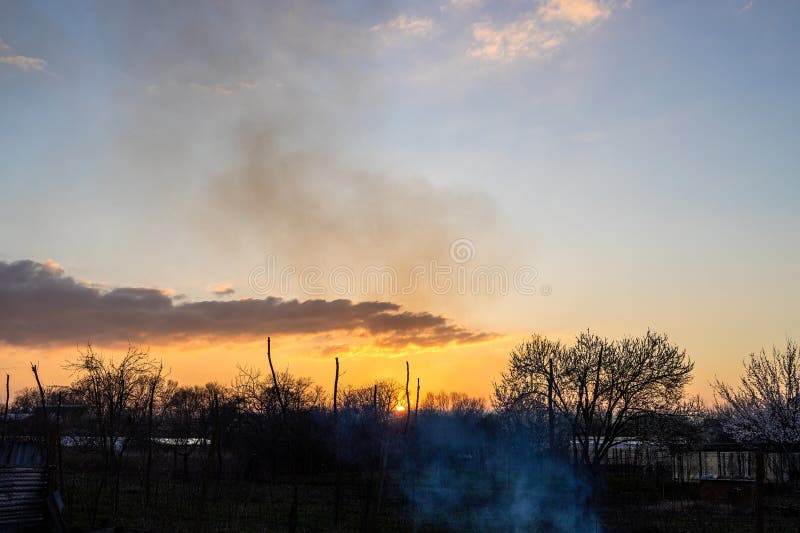 Sunset Sky Over Rural Gardens in Spring Evening Stock Image - Image of ...