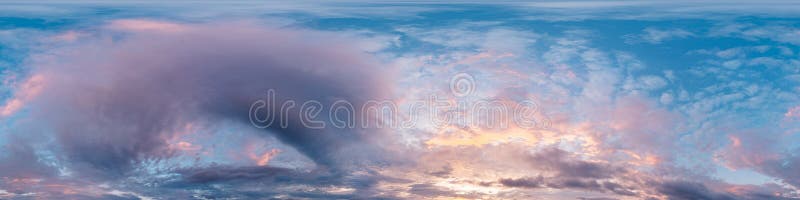 Sunset Sky Panorama with Bright Glowing Pink Cirrus Clouds. HDR Stock ...