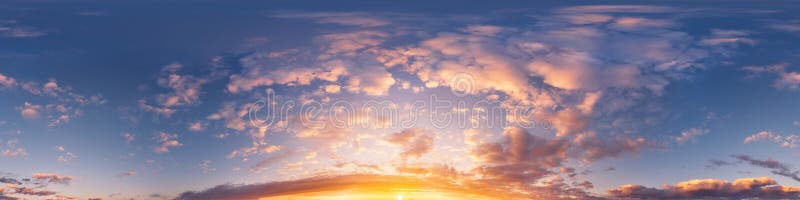 Sunset Sky Panorama with Bright Glowing Pink Cumulus Clouds. HDR 360 ...