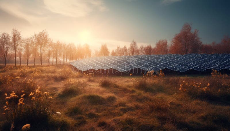 Sunset Sky Powers Solar Panel Generator Farm Generated by AI Stock ...