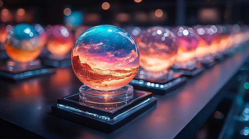 Sunset Sky Reflected in Glass Orbs, Display, Exhibition, Interior Stock ...
