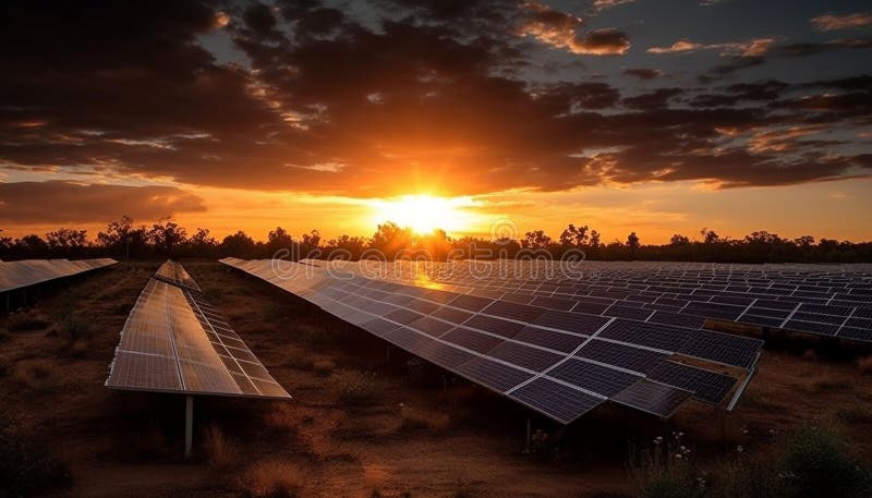 Sunset Sky Reflects Solar Panel Power Generation for Clean Energy ...