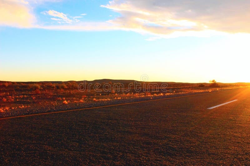 Sunset Sky and Road in the Desert Stock Image - Image of black, gold ...