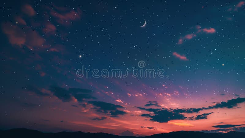 Sunset Sky with Stars and Dramatic Clouds and Crescent Moon Stock Image ...