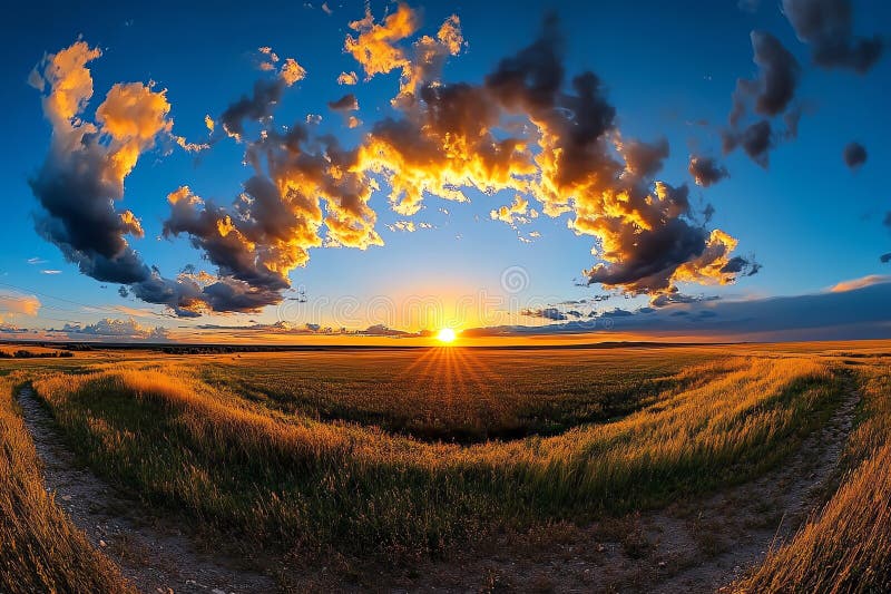 Sunset Sky with a Wide-angle View is Highlighted in a Panoramic Photo ...