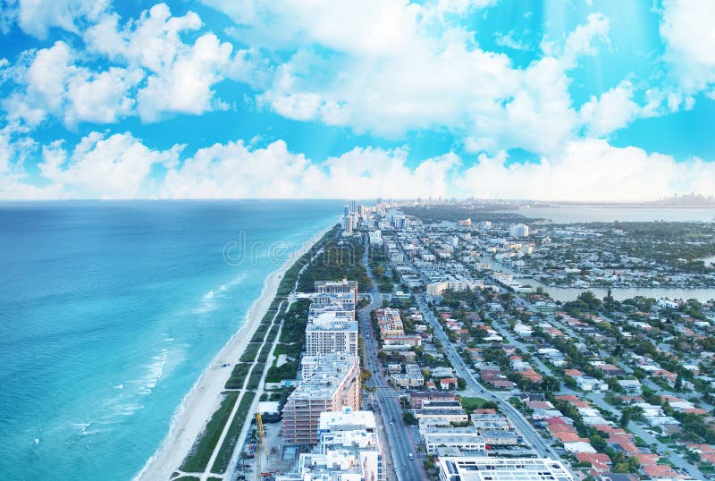 Sunset Skyline of Miami Beach, Aerial View Stock Photo - Image of real ...