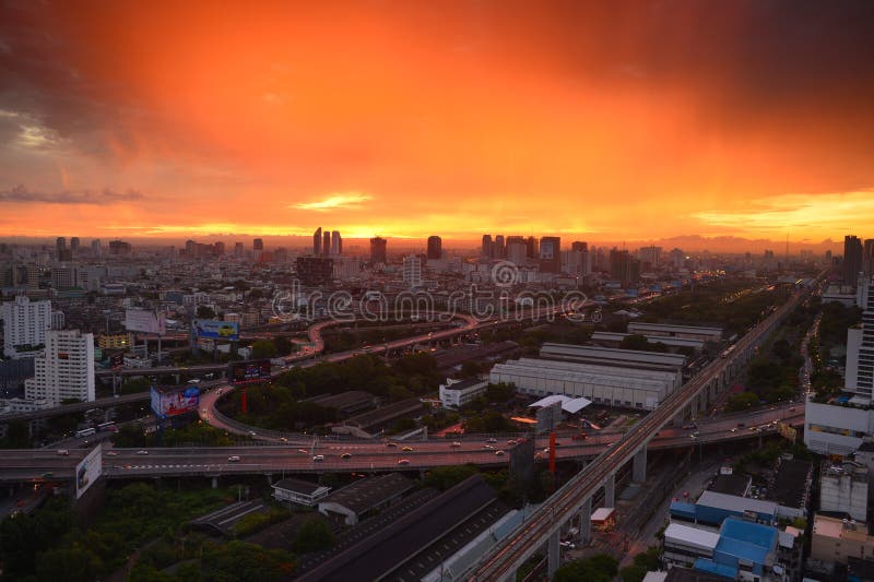 Sunset with Skyline and Road Network Stock Image - Image of dusk ...