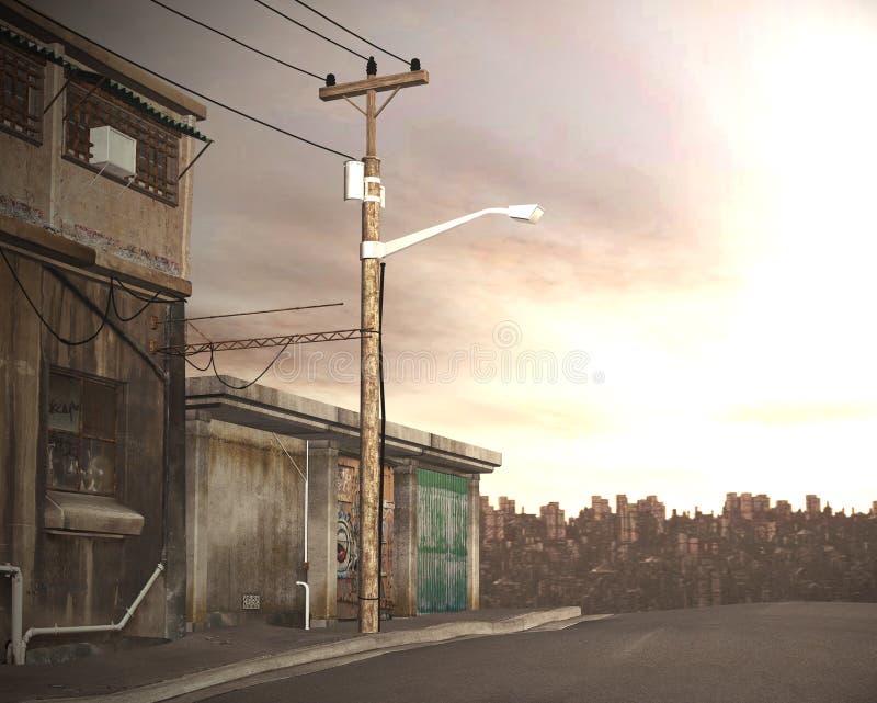 Sunset at a slum district stock illustration. Illustration of sorrow ...
