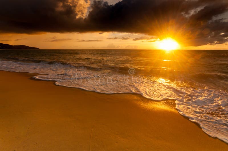 Sunset on the Smooth Sandy Beach with Gentle Waves Stock Image - Image ...