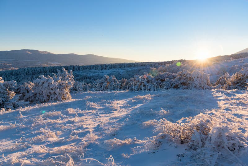 Sunset in Snow-covered Mountains and Forest Stock Image - Image of ...