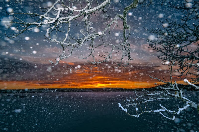 Sunset through snowfall stock photo. Image of cold, freezing - 51139388