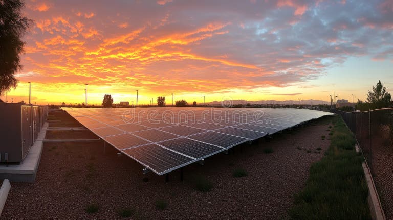 Sunset through Solar Array Gaps Dramatic Light Silhouettes Stock ...