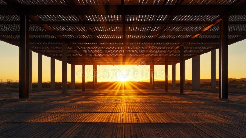 Sunset through Solar Array Gaps Dramatic Light Silhouettes Stock ...