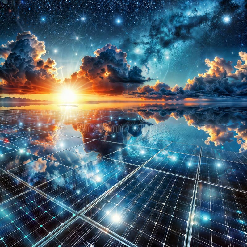 Sunset & Solar Panel on Water, Generative Ai Stock Illustration ...