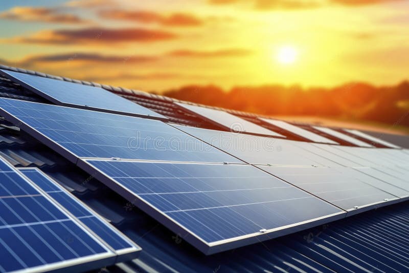 At Sunset the Solar Panels Lower Their Energy Efficiency. Ai Generated ...