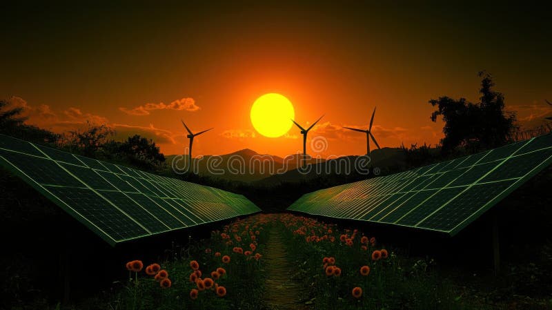 Sunset Solar & Wind Power Stock Image - Image of climate, global: 368964735