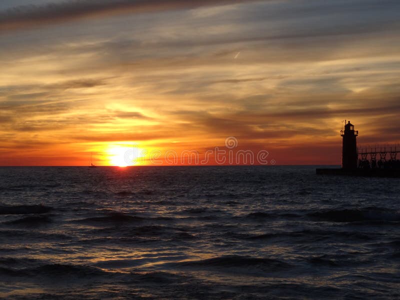 Sunset at South Haven Light Stock Photo - Image of light, ship: 239585342