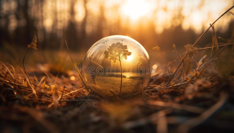 Sunset Sphere Reflects World Map in Glass Generated by AI Stock ...