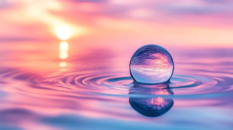 At Sunset, a Sphere is Suspended Above the Water, Mirrored Perfectly in ...
