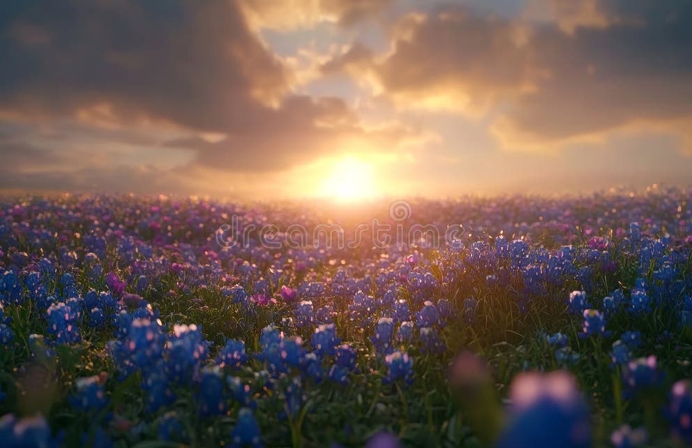 At Sunset in the Spring, a Field of Texas Bluebonnets is in Full Bloom ...