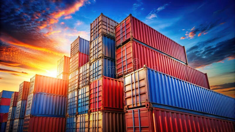 Sunset Stacks of Shipping Containers at a Distribution Center ...