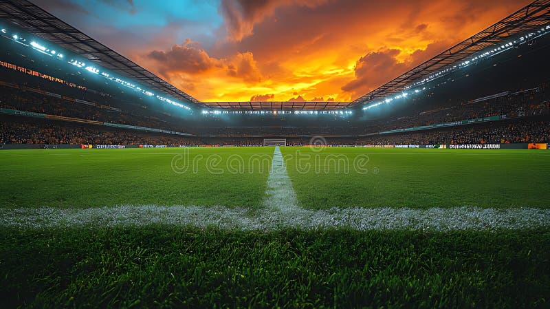 Sunset Stadium Soccer Field, Dramatic Sky, Crowd Stock Illustration ...