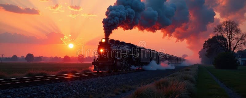 Sunset Steam Train Front View, Thick Smoke Plumes , Glowing, Engine ...