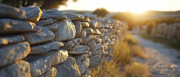 Sunset Stone Wall Path, Rural Landscape Stock Illustration ...