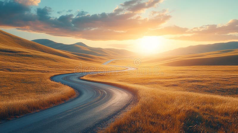 At Sunset, a Straight Road of Asphalt Stretches before a Mountain, with ...
