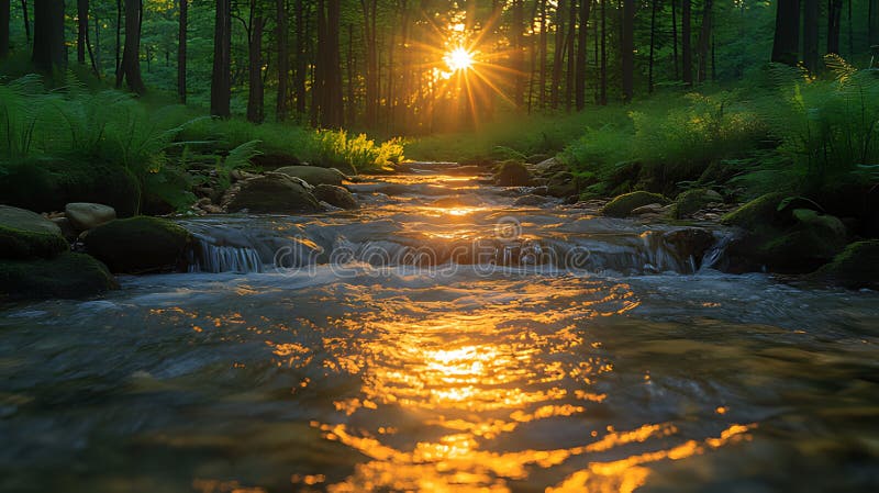 Sunset Stream Flows through Forest, Golden Light Stock Illustration - Illustration of idyllic ...