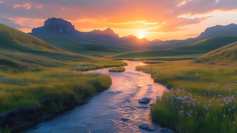 Sunset Stream Flows through Mountain Valley Grasslands Stock ...