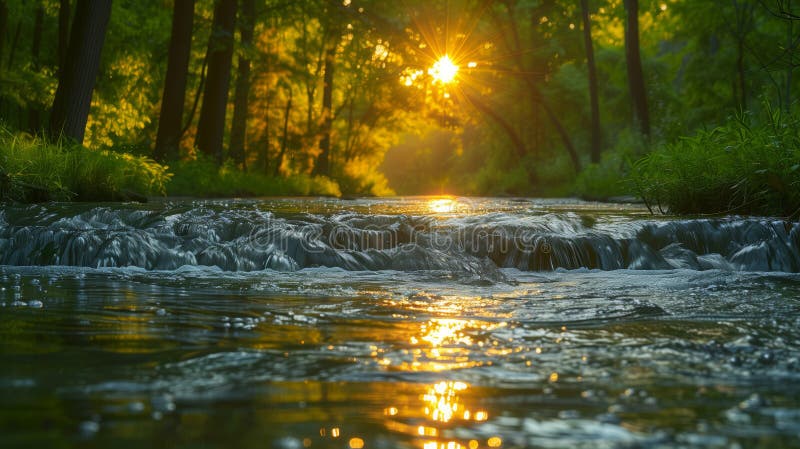 Sunset Stream in Forest. a Peaceful Stream Flows through a Dense Forest ...