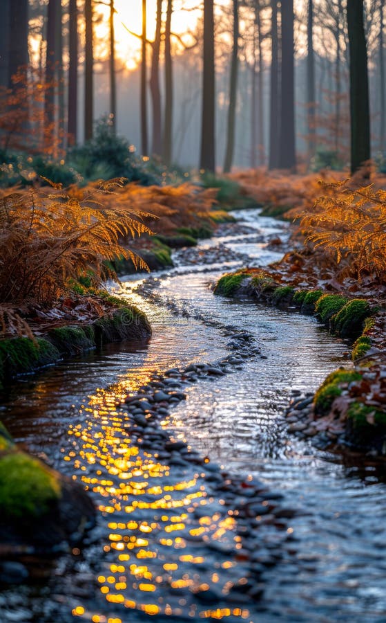 Sunset Stream in Forest. a Peaceful Stream Flows through a Dense Forest ...