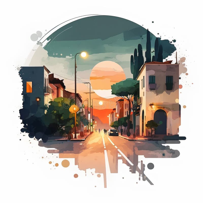 Sunset on the Street of the Old Town. Vector Illustration Stock ...