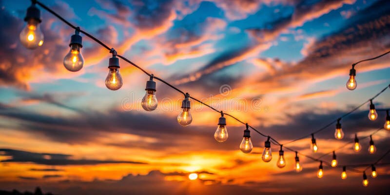 Sunset String Lights Warm Glow Perspective Stock Illustration - Illustration of magical ...