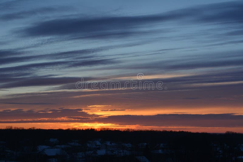 Sunset with Striped Clouds in the Sky. Picturesque View of Colorful ...