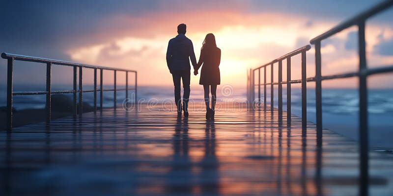 Sunset Stroll Couples Romantic Ocean Walk Background Wallpaper Stock ...