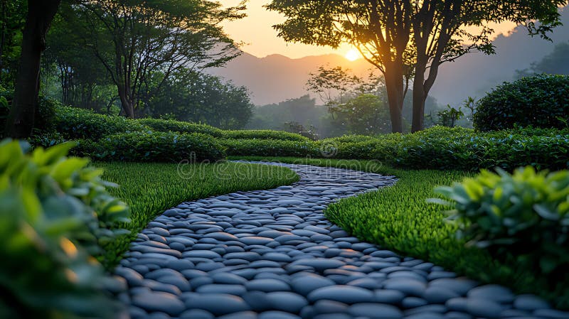 Sunset Stroll Winding Stone Path, Lush Garden, Mountain Backdrop Stock ...