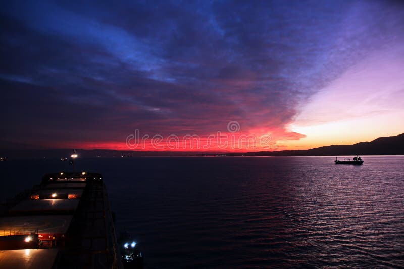 Sunset in Suez Canal & Suez Bay. Stock Image - Image of beautiful ...